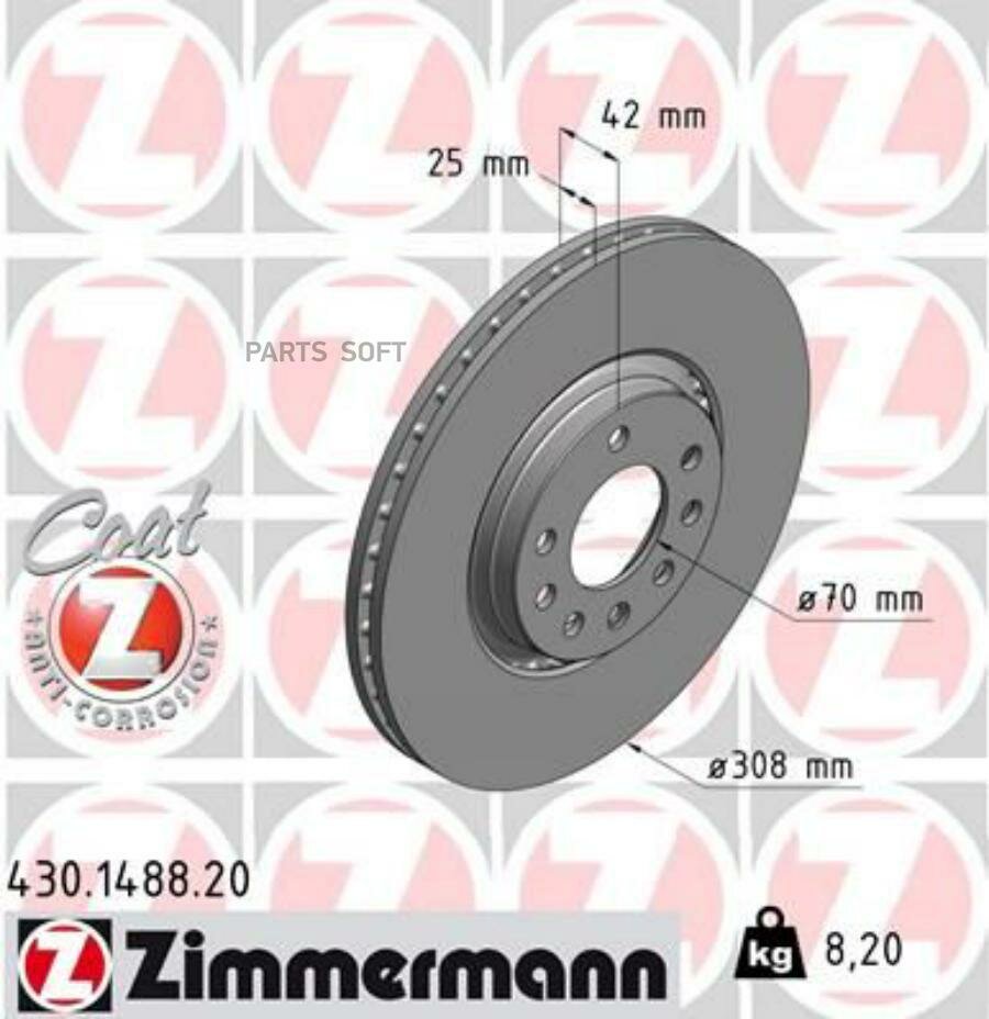 ZIMMERMANN 430148820 Диск тормозной OPEL SAAB 2.0 16V TURBO Z 20 LER 98 07-> > ZIMMERMANN 430148820