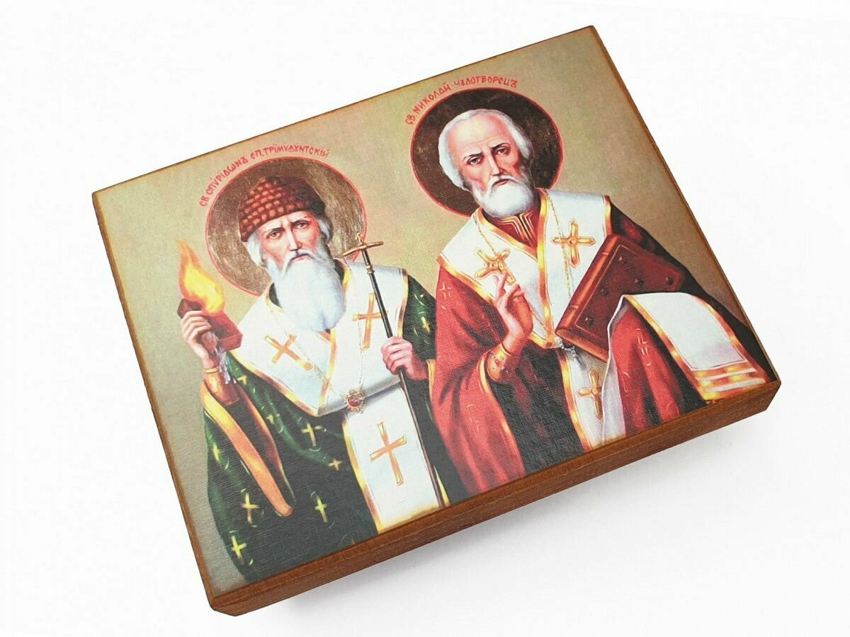 Икона Николай и Спиридон, под старину, 10х13 см