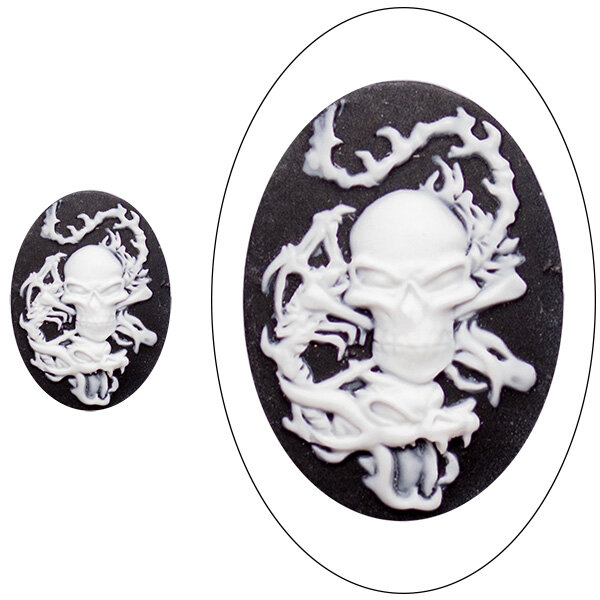 Камея акриловая, 25х18мм, череп с драконом, белый на черном, 1 шт.