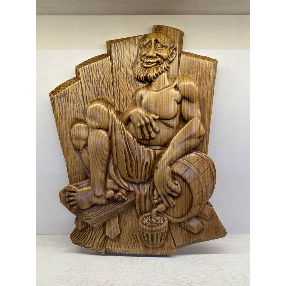Панно настенное резное из дерева / Дед в бане / 29х38 см