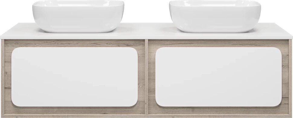 Тумба под раковину Misty Дубль П-Дуб-09150-372Я 150 см, подвесная, со столешницей, белый глянец/светлое дерево