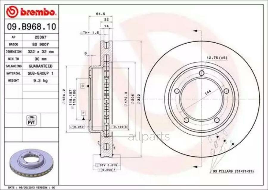 BREMBO 09. B968.11 Диск торм. пер. вент. [321,8x32] 5 отв.