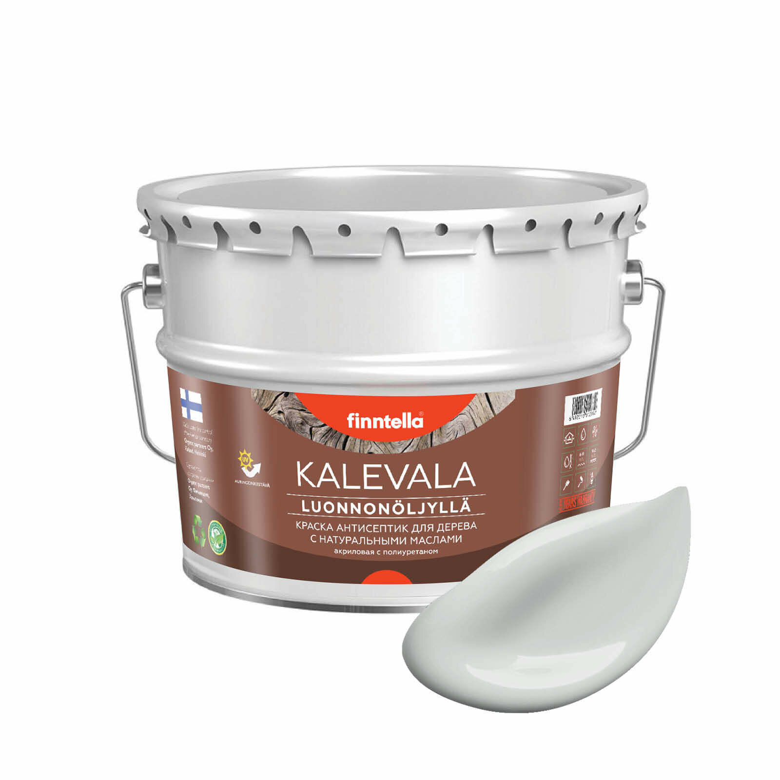 Краска для дерева и деревянных фасадов FINNTELLA KALEVALA, с натуральным маслом и полиуретаном, цвет DELFIINI (светло-серый) , 9л