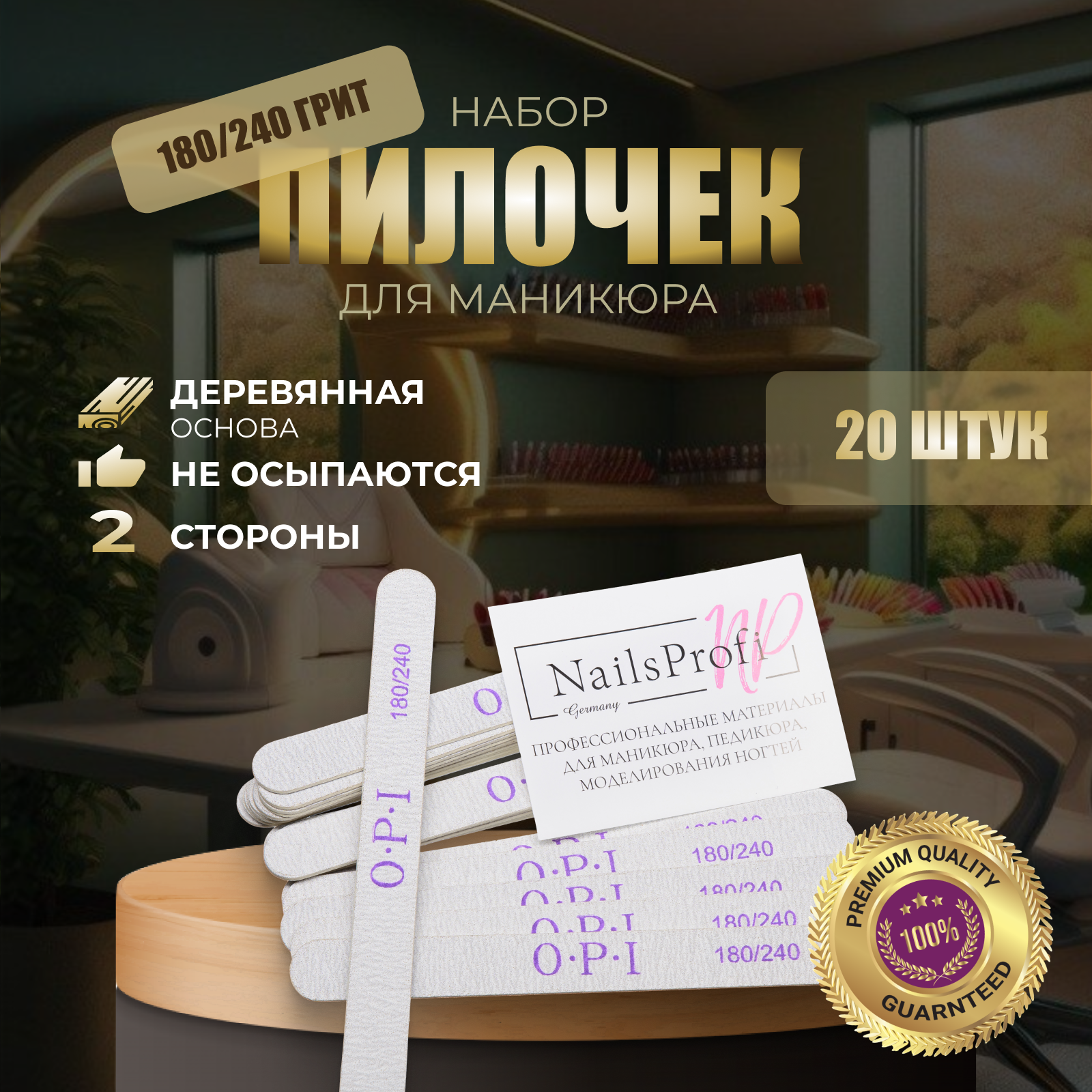 NailsProfi, Пилки для ногтей OPI прямые, 180/240, 20 шт, набор, пилки, пилочки для маникюра