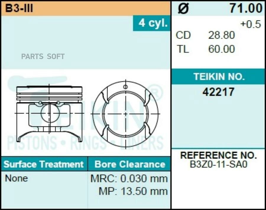 Поршень (STD/ к-т 4 шт) Mazda Demio 96-02 / 323 94-03 B3 TEIKIN 42217 STD | цена за 1 шт