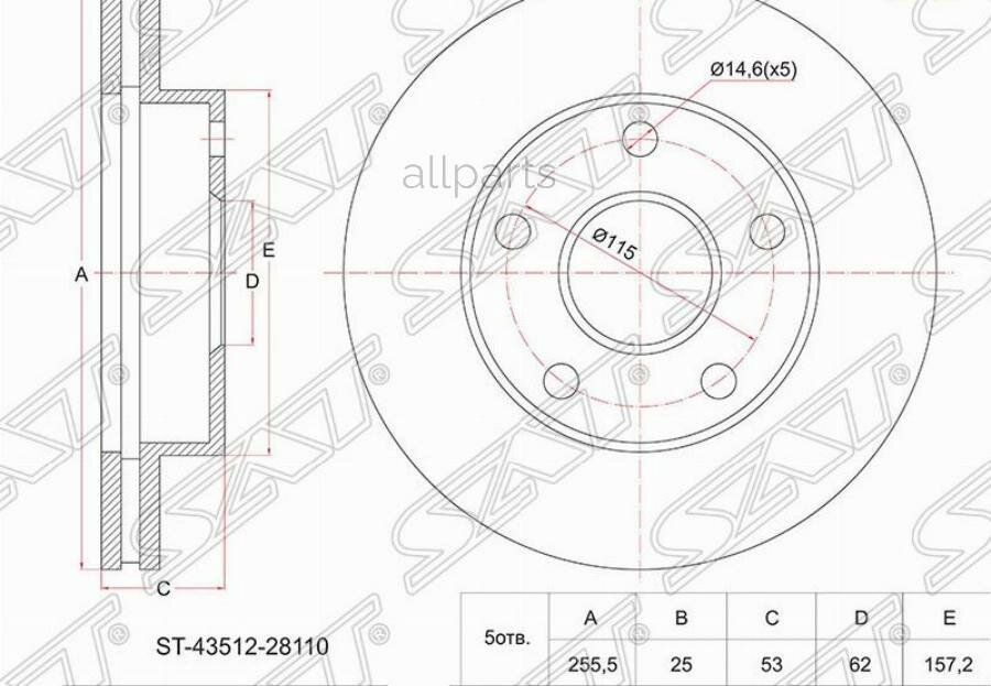 SAT ST-43512-28110 Диск тормозной (Перед) Dodge Caravan 00-07 / Toyota Estima 90-99
