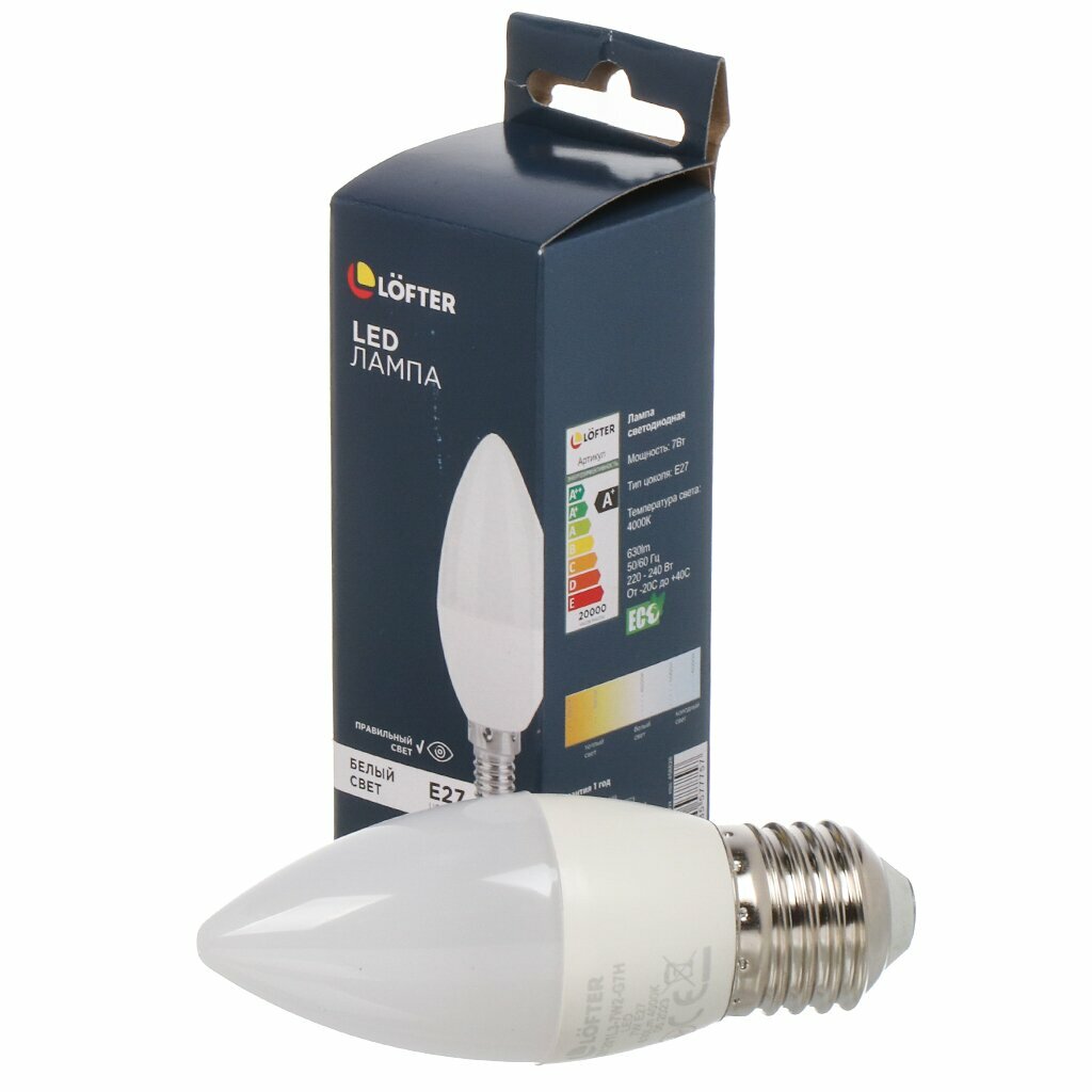 Лампа светодиодная E27, 7 Вт, 60 Вт, 220 В, свеча, 4000 К, свет нейтральный белый, Lofter