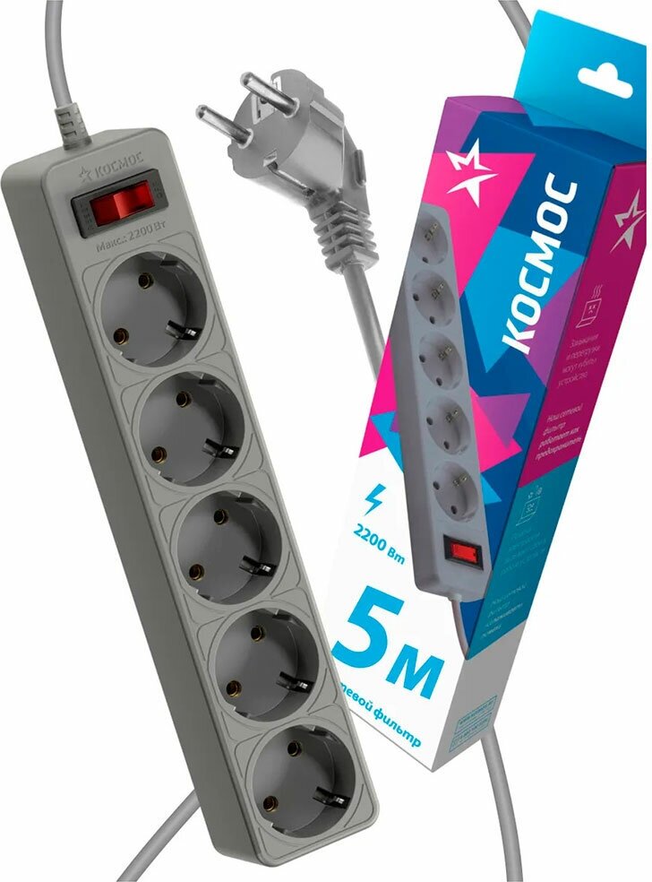 Сетевой фильтр ПВС космос 3х0.75 серый 5м с выключателем / Космос; арт. FKsm5m-5g(G)