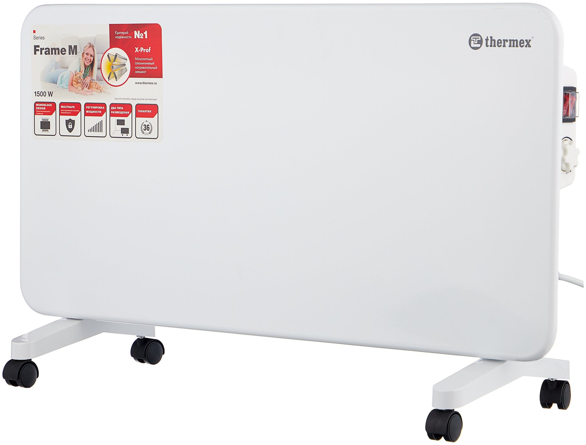 Конвектор Thermex Frame M 1500M, 1500Вт, с терморегулятором, белый [эдэб01366]