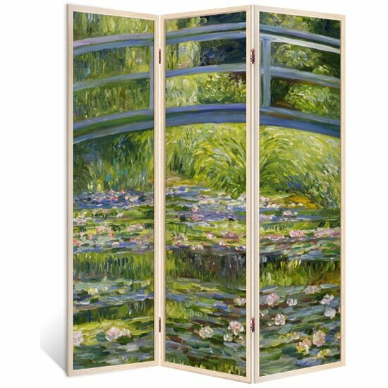Ширма перегородка Декор Депо для комнаты деревянная "Японский мостик. Моне" двухсторонняя с картинкой (живопись) 3 створки кремовый дуб 176х140 см 11 кг