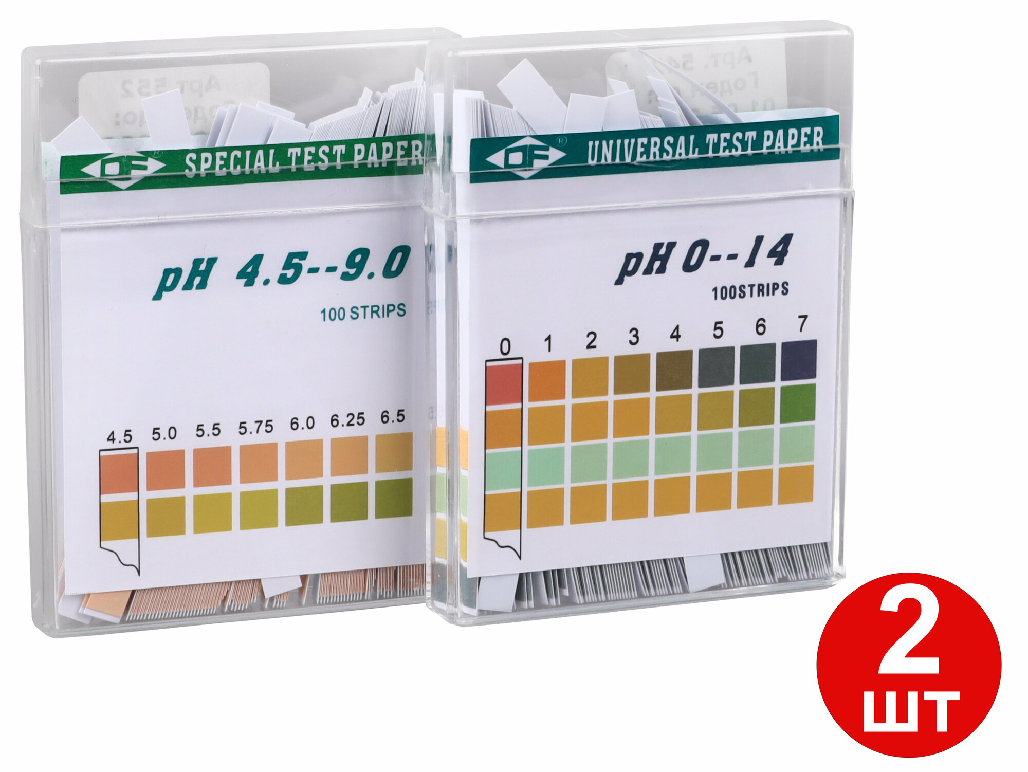 Индикаторная бумага (pH тест) 2 пластиковых бокса по 100 полосок, от 0 до 14 pH и от 4.5 до 9 pH