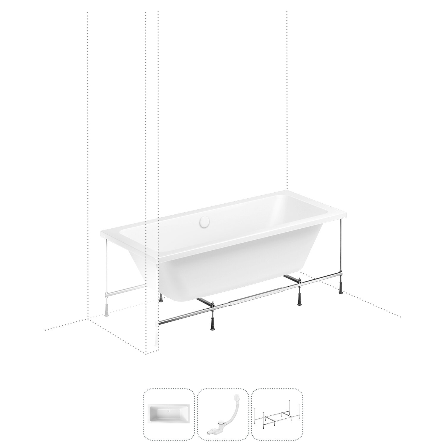 Акриловая ванна 180x80 с каркасом Lavinia Boho Pure 202010981 в наборе 3 в 1: прямоугольная ванна 180 x 80 см, слив-перелив, каркас