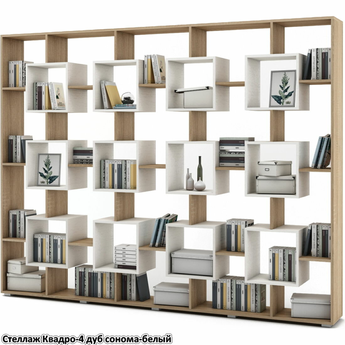 Стеллаж Квадро-4 Дуб-сонома/Белый, ЛДСП, МФ Владимир VMF, 243,2х190,2х28 см.