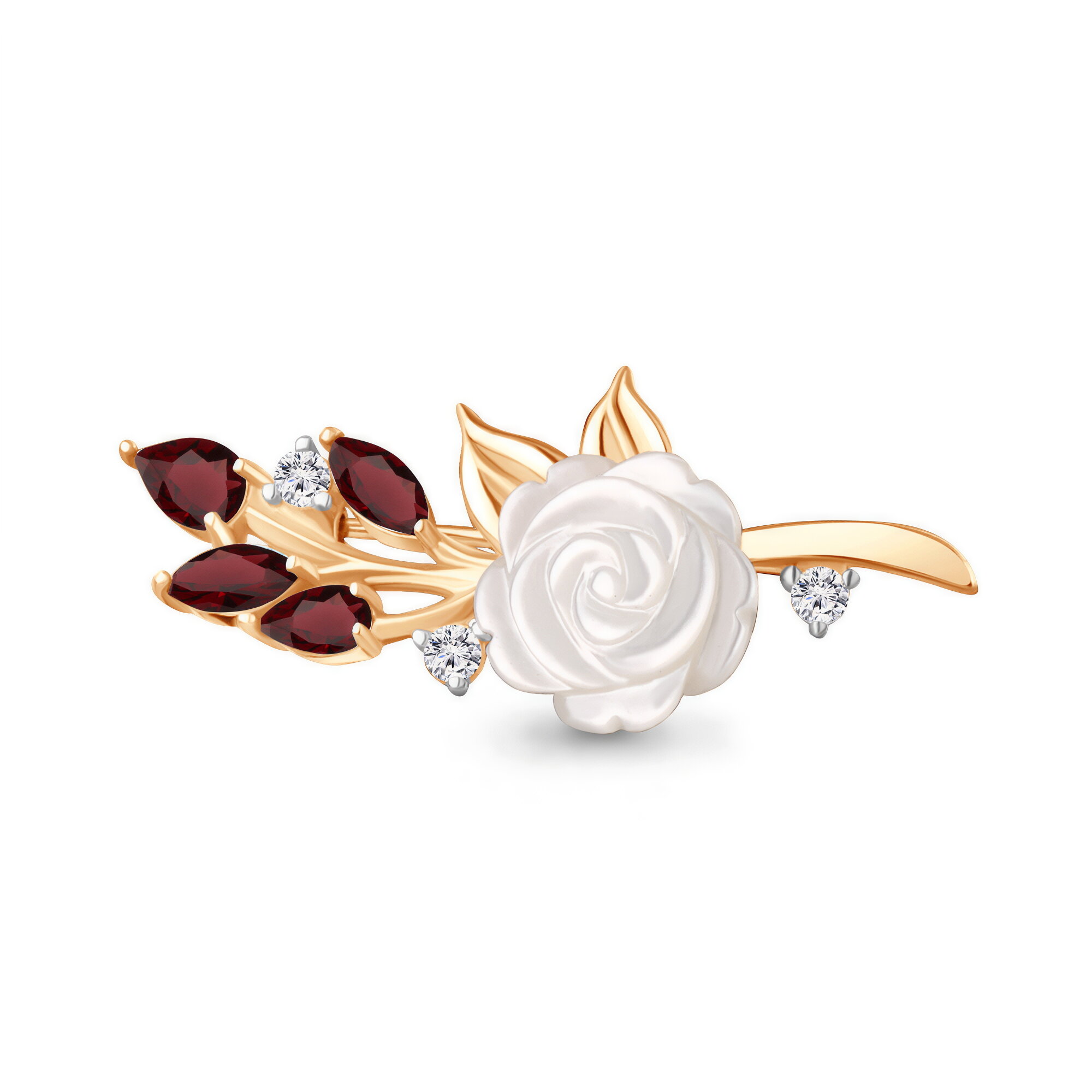 Брошь, серебро, 925 проба, золочение, перламутр, гранат, фианит