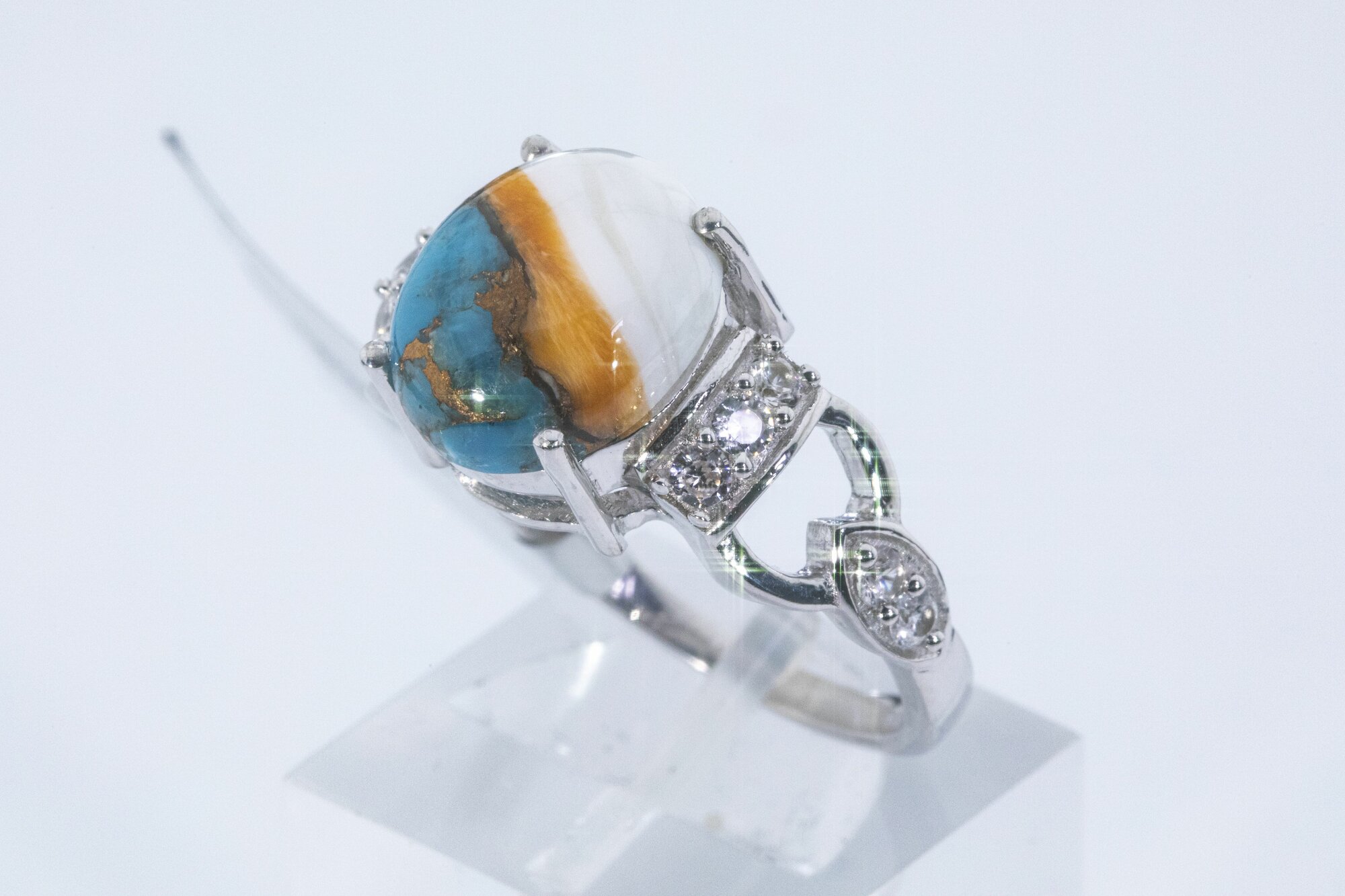 Кольцо, серебро, 925 проба, родирование, циркон, бирюза