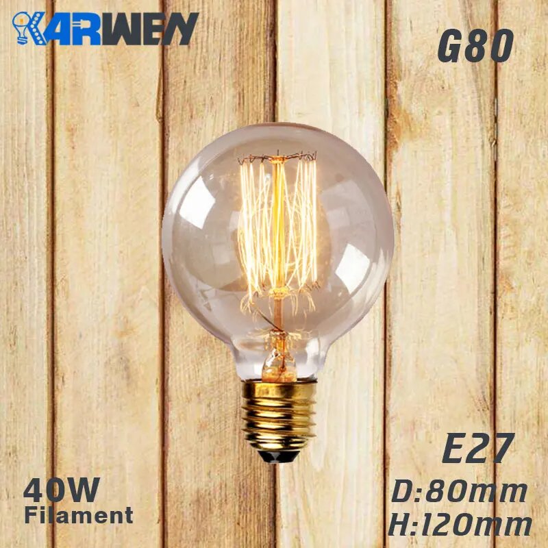 Лампа Эдисона KARWEN прозрачная стеклянная 40 Вт 220 В G80 filament