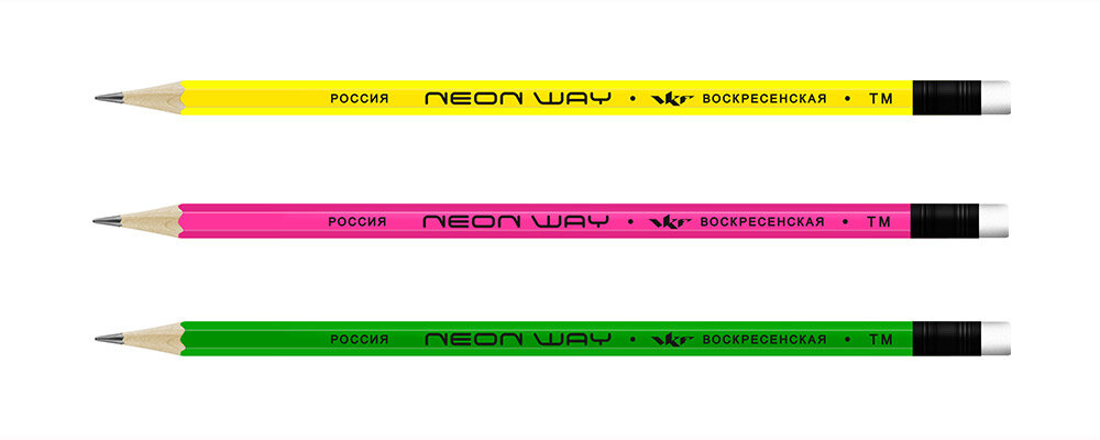 ВКФ Neon way Набор графитных карандашей с ластиком, заточенных HB, 3 шт, ОПП неон