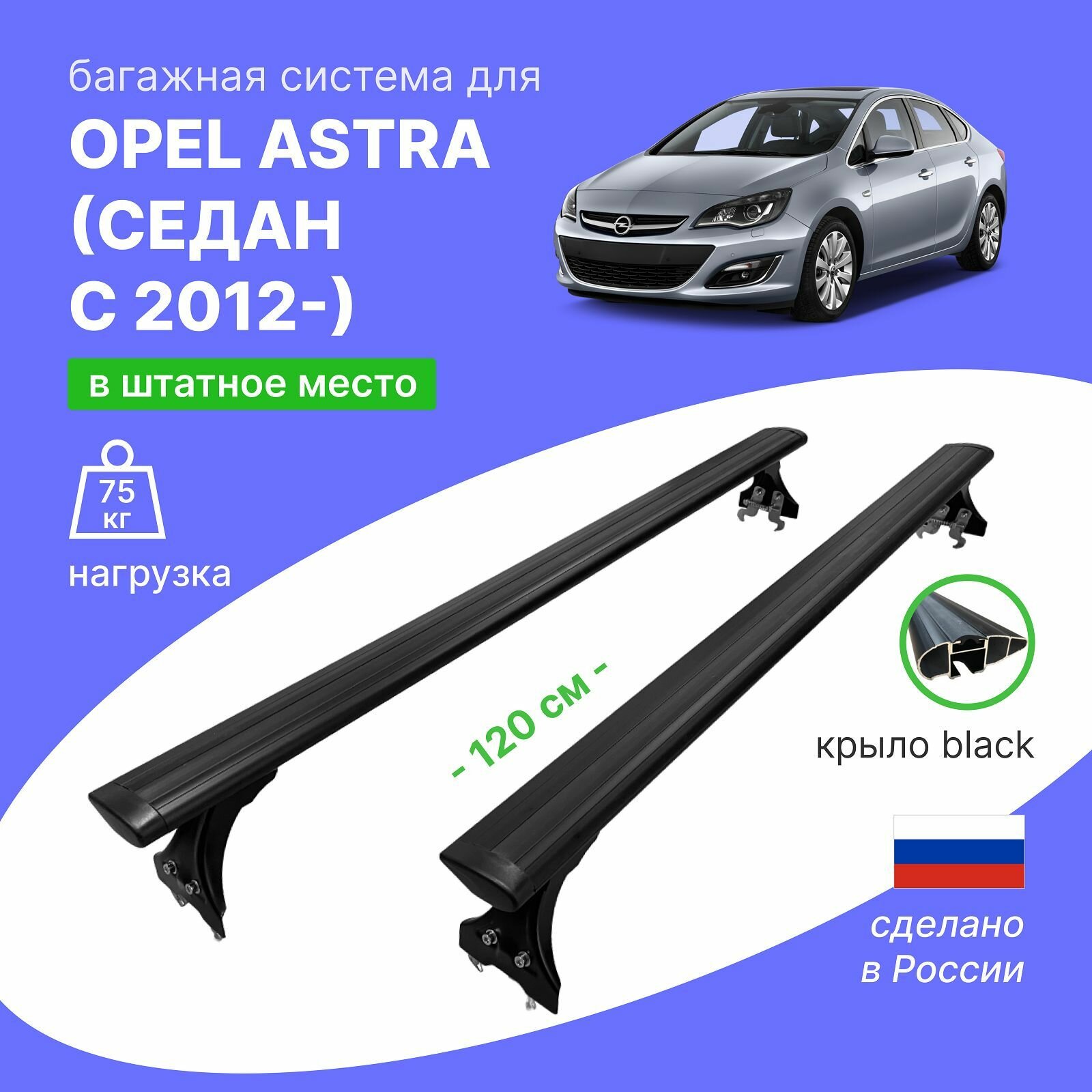 Багажник Delta крыло black, на крышу автомобиля Opel Astra (Опель Астра седан с 2012-) в штатное место