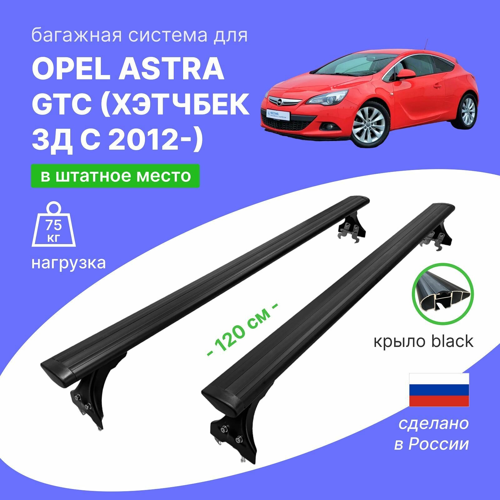 Багажник Delta крыло black, на крышу автомобиля Opel Astra GTC (Опель Астра хэтчбек 3д с 2012-) в штатное место