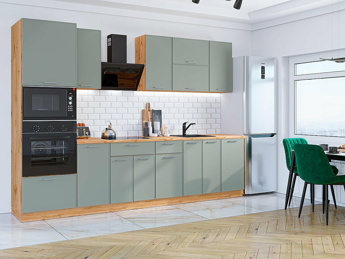 Кухня Квадро-01, цвет фасада Аквамарин, цвет каркаса Дуб Вотан, 2140*3000*600 мм