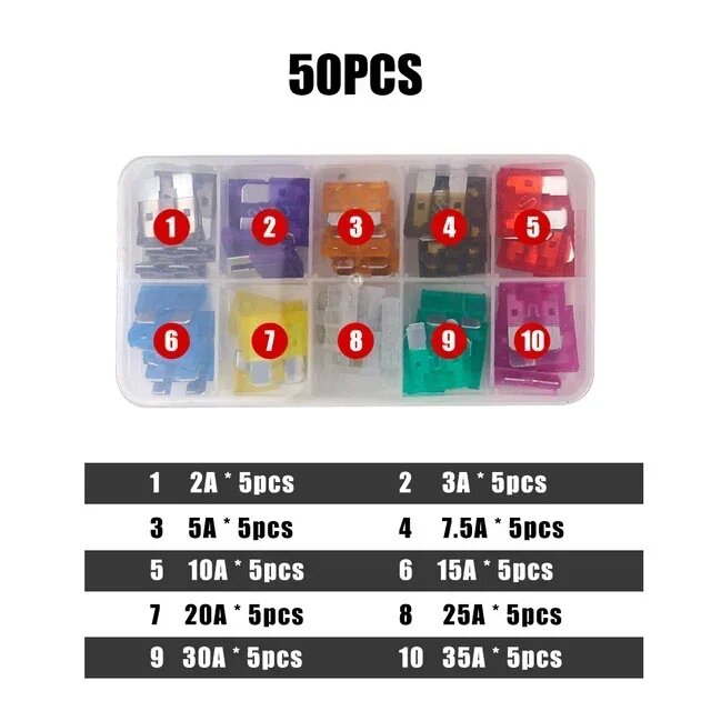 Предохранители автомобильные 50 Fuse, набор 50 шт