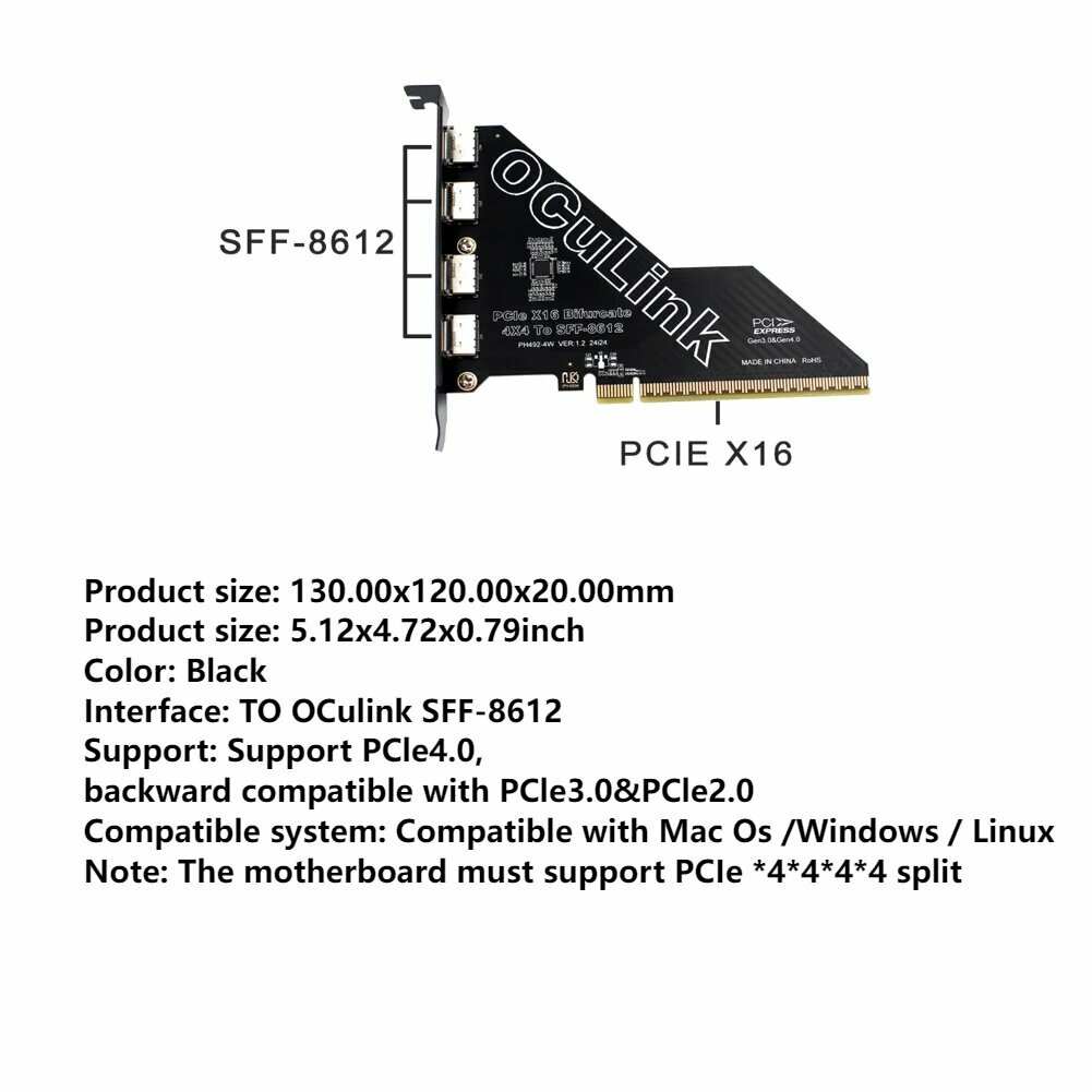 Карта расширения PCI Express To SFF-8612 PCIe X16 SSD To U.2 OCUlink SFF-8612, карта расширения для Mac Os/Windows/Linux