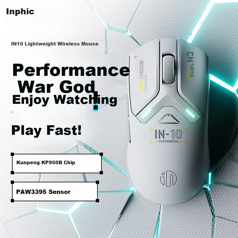 INPHIC IN10 Wireless Gaming Mouse Wired Bluetooth Three Modes PAW3395 Esports Lightweight 26,000 DPI/8K Polling Rate/100 Million Clicks Luminous White