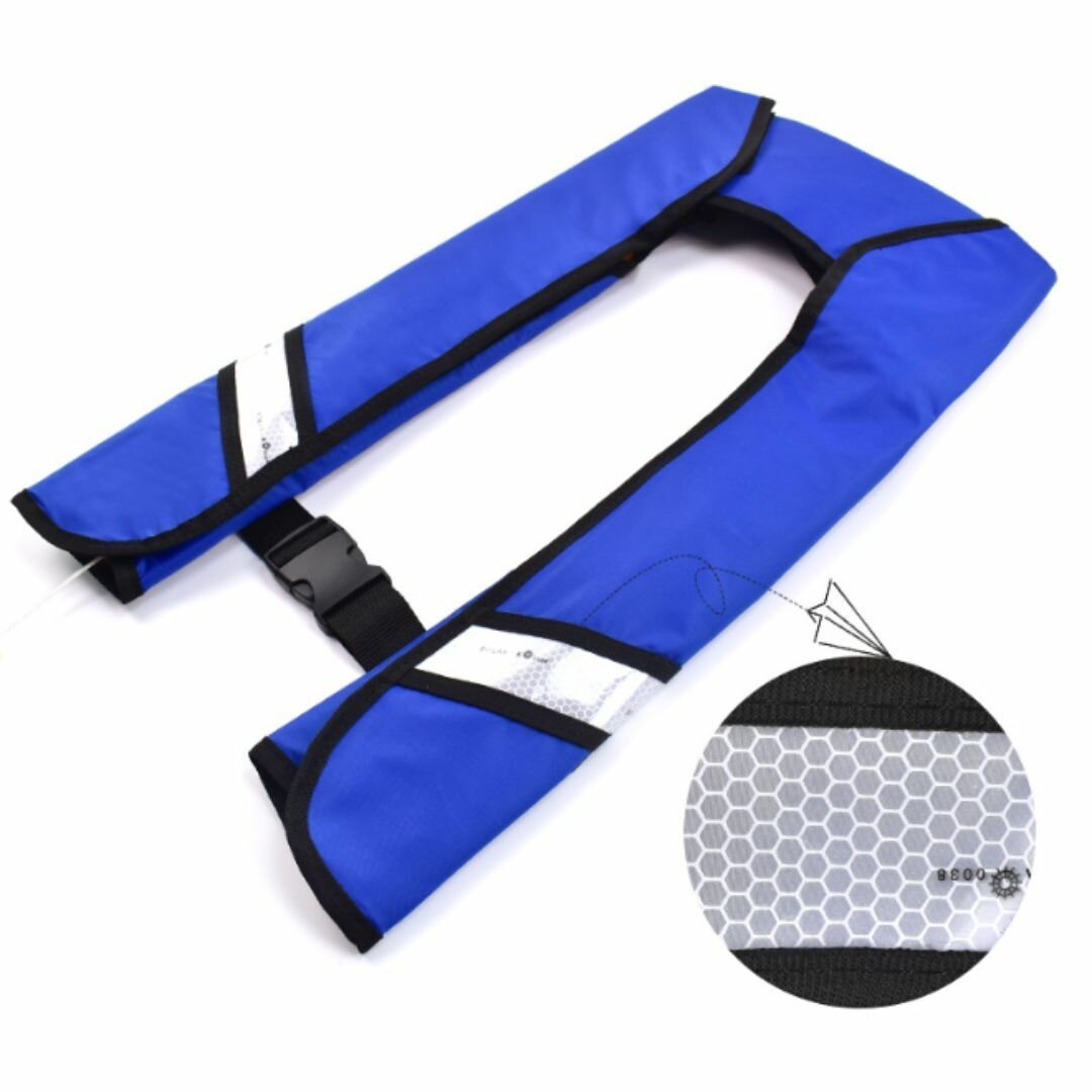 Спасательный жилет автоматический со светоотражателями ярко-синего цвета. Спасжилет надувной для рыбалки и лодки