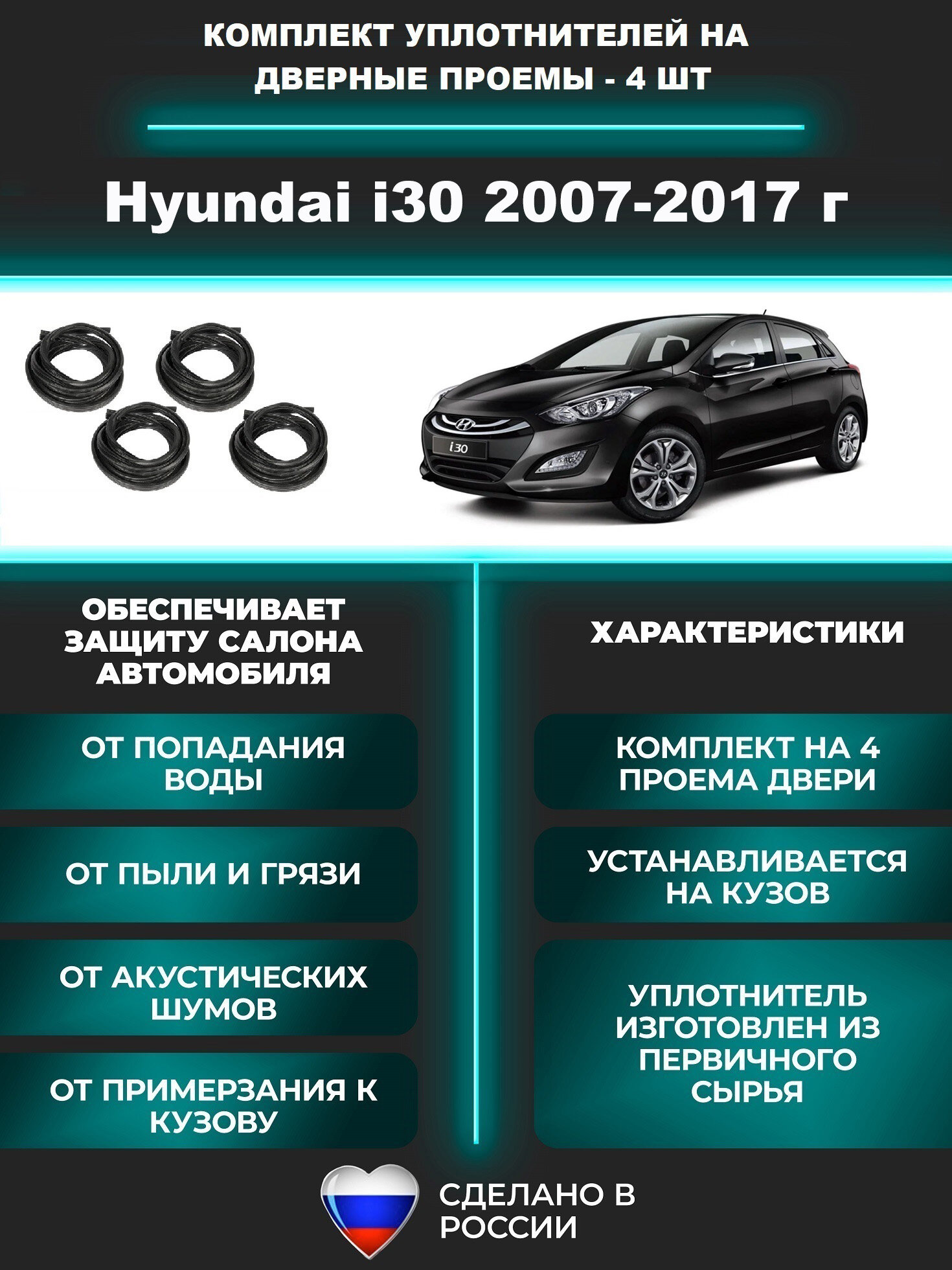 Комплект уплотнителей на проем дверей для Hyundai i30 2007-2017 г, Хендай Ай 30, 4 шт