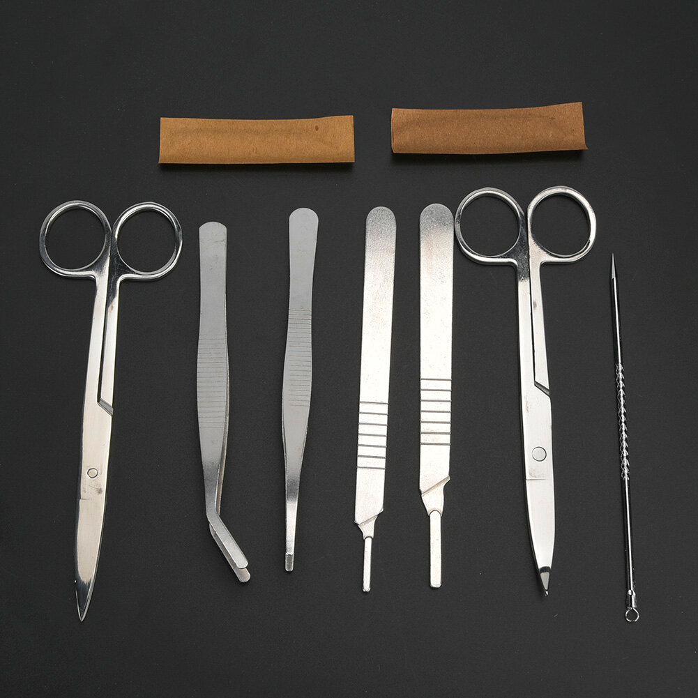 Набор анатомических инструментов для биологического исследования из 7 штук: ножницы для диссекции, ручка для диссекции, пинцет, щипцы, игла; размеры: ножницы с изгибом 13.8см, прямее ножницы 13.5см, ручка 12.6см, пинцет 12.8см, щипцы с изгибом 11.7см,
