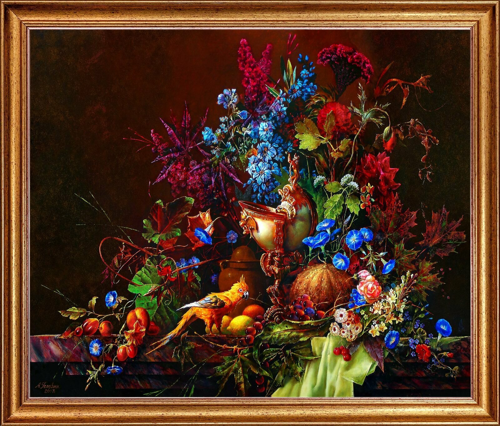 Картина на холсте "Натюрморт с попугаем", 50х60 см, художник - Головин А, Холст на деревянном подрамнике, оформлена в багет, Арт. ГолА-х11