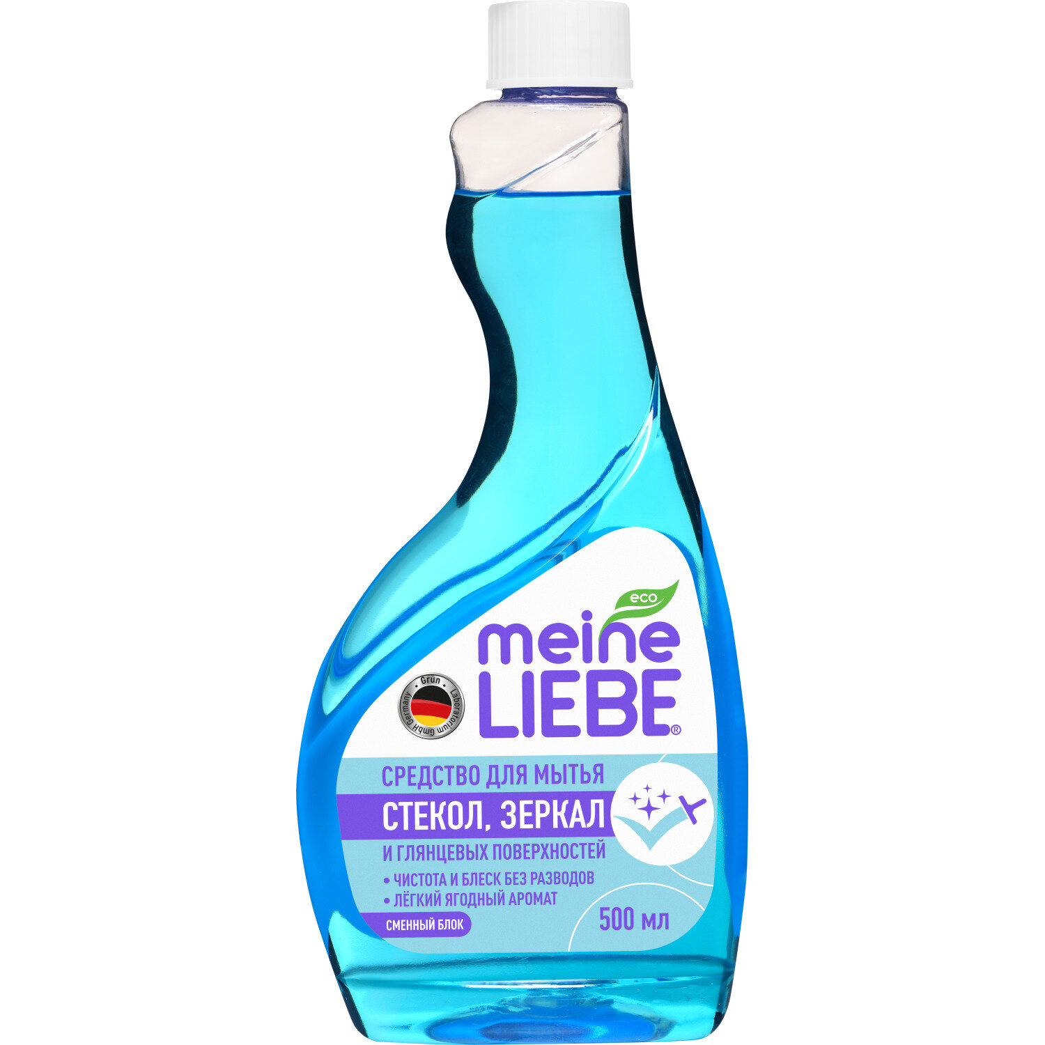 Средство для мытья стекол, пластика и зеркал MEINE LIEBE с антистатическим эффектом, Экологичное, сменный блок 500 мл