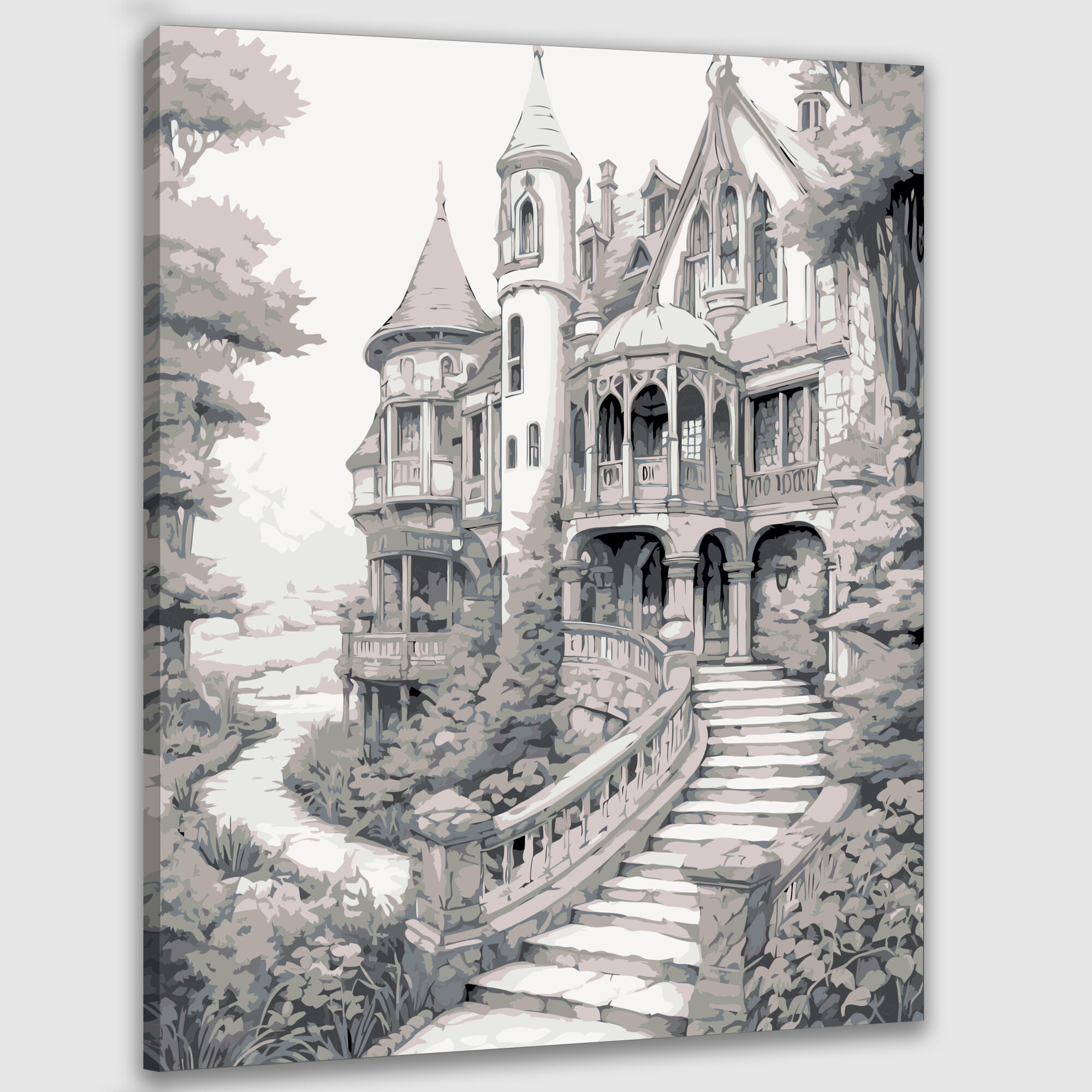 Картина по номерам 40x50 см, карандашный набросок, деревня, винтажный стиль, архитектурные элементы, окна, фронтоны