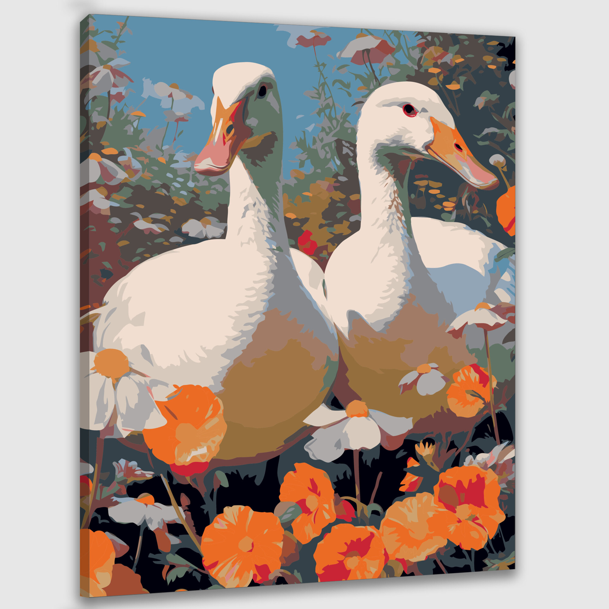 Картина по номерам 40x50 см, картина маслом, гусь, цветочный сад, контраст цветов, белые перья, насыщенные цвета