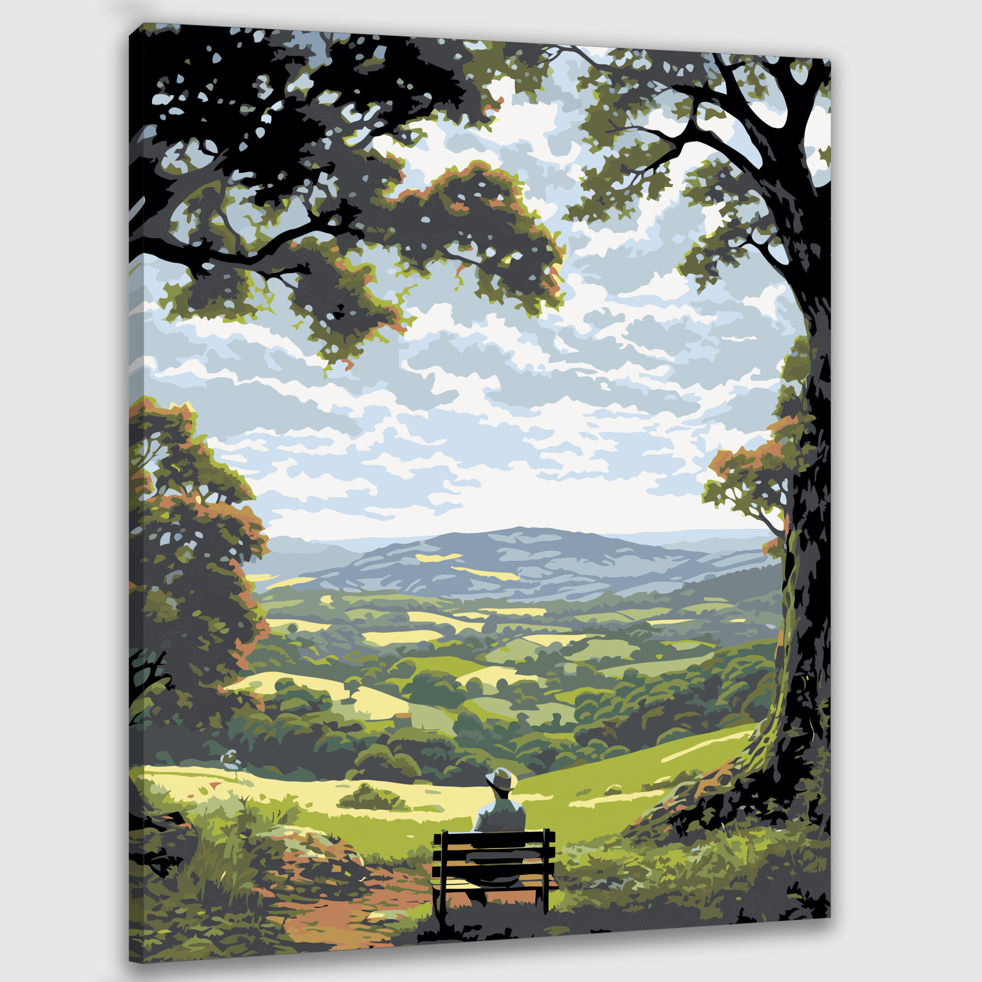 Картина по номерам 40x50 см, картина маслом, идиллическая сельская мес, гармонист на скамье, тень дуба, зеленые холмы