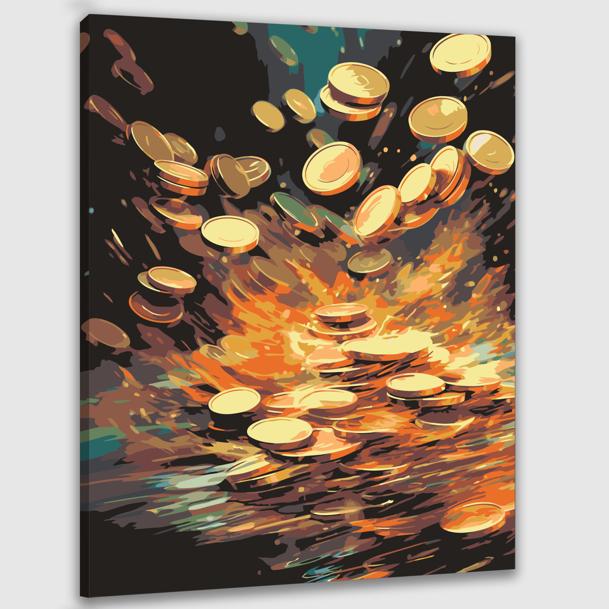 Картина по номерам 40x50 см, цифровая иллюстрация, рублевые монеты, размеры, цвета, кружащиеся, танцующие, воздух, ритм