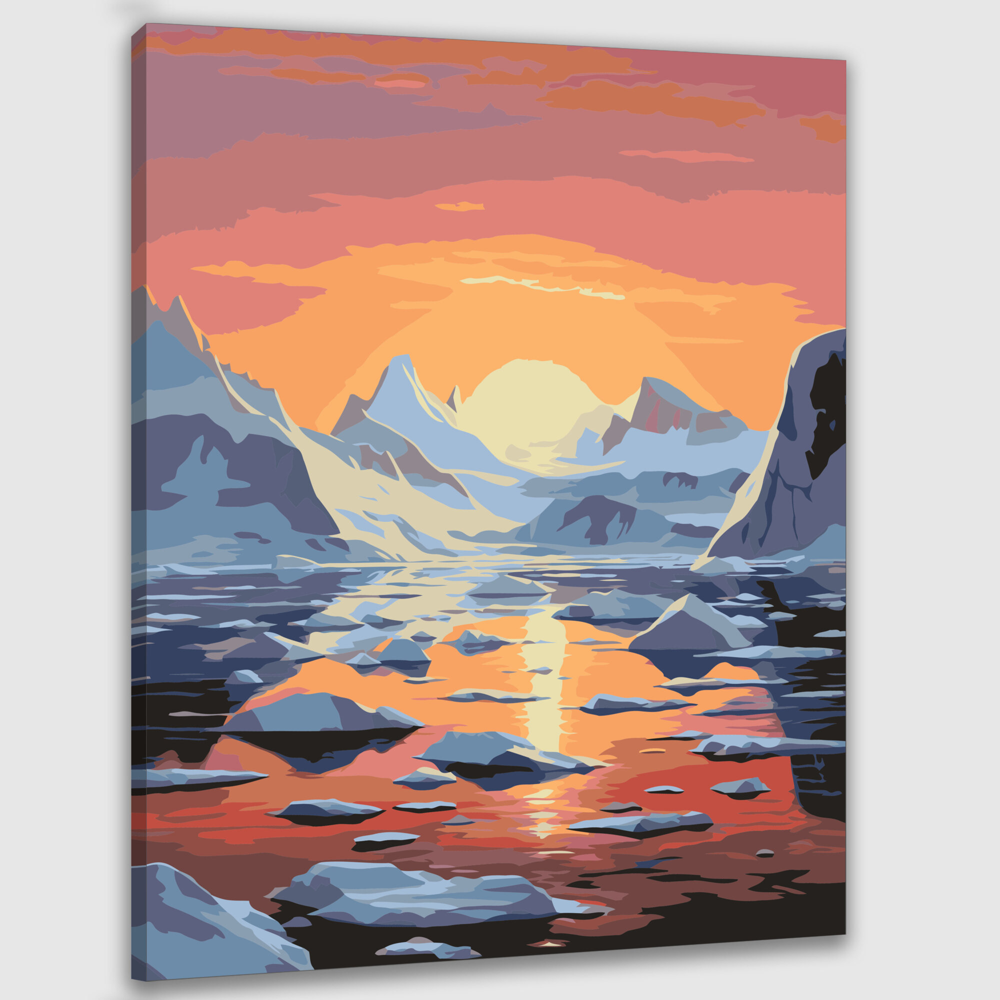 Картина по номерам 40x50 см, масляная картина, арктический пейзаж, айсберги, ледяное море, отражение, спокойная вода