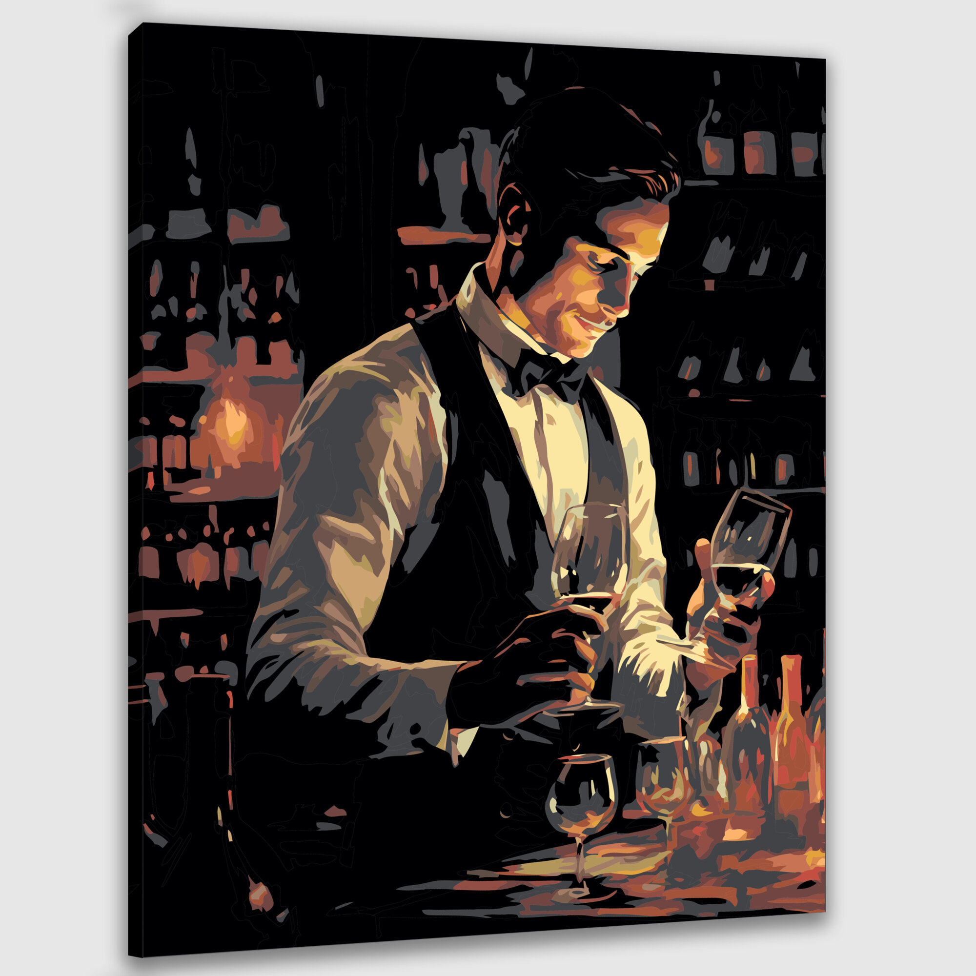 Картина по номерам 40x50 см, сомелье, бокал вина, отражения, прозрачность жидкости, винный погреб, полки, бутылки