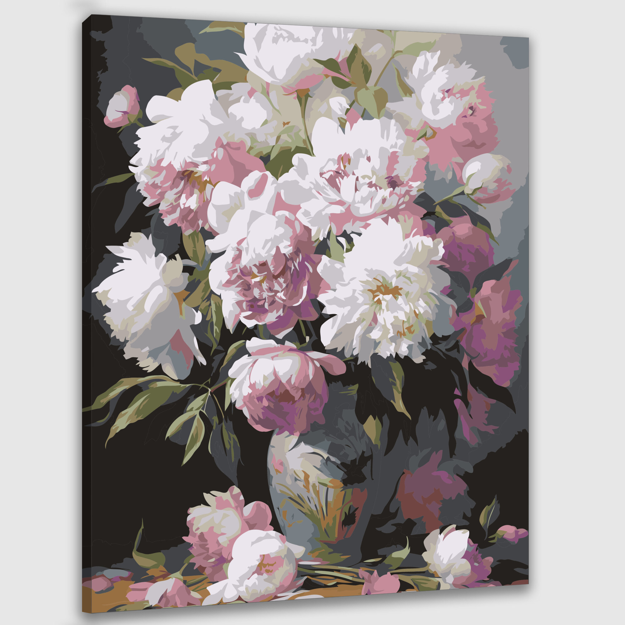 Картина по номерам 40x50 см, картина маслом, пионы, яркие цветы, розовый, белый, пурпурный, лепестки, фарфоровая ваза