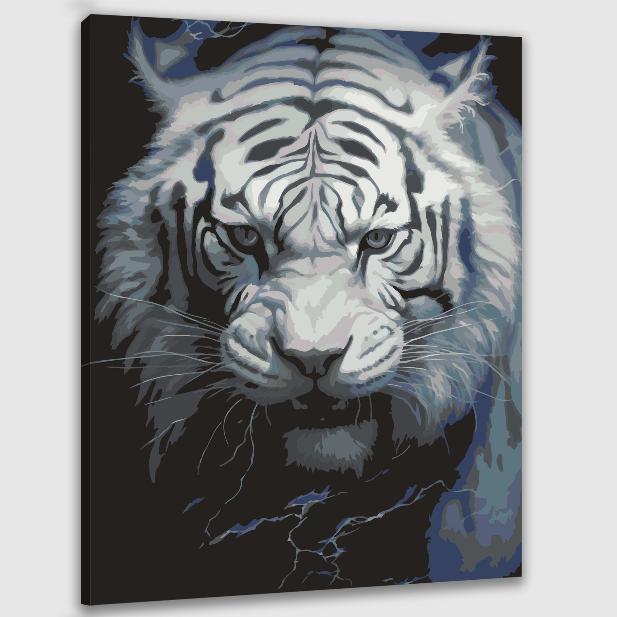 Картина по номерам 40x50 см, картина масло, белый тигр, грозовое небо, голубые глаза, гладкий мех, мощные мускулы