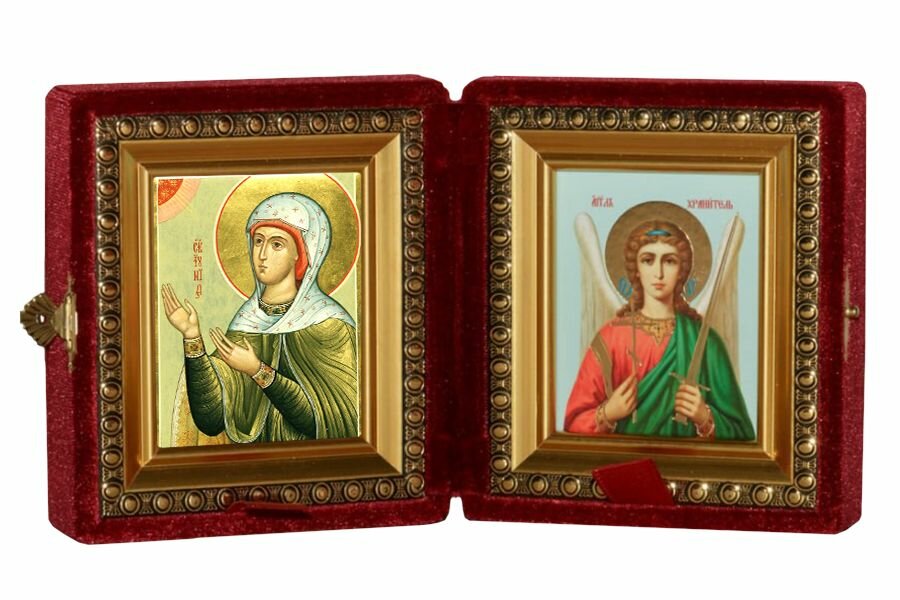 Икона складень Святая Иуния (Юния) и Ангел Хранитель в бархатном футляре, 14х16,5 см