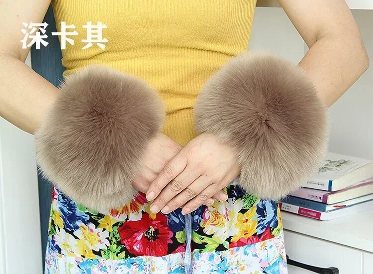 Мода роскошные фальшивые лисицы меха манжеты утолщить женщины запястье руки перчатки плюшевые эластичные мех браслет Oversleeve рука теплее браслет,35,15, искусственный мех,35,2, N077 хаки