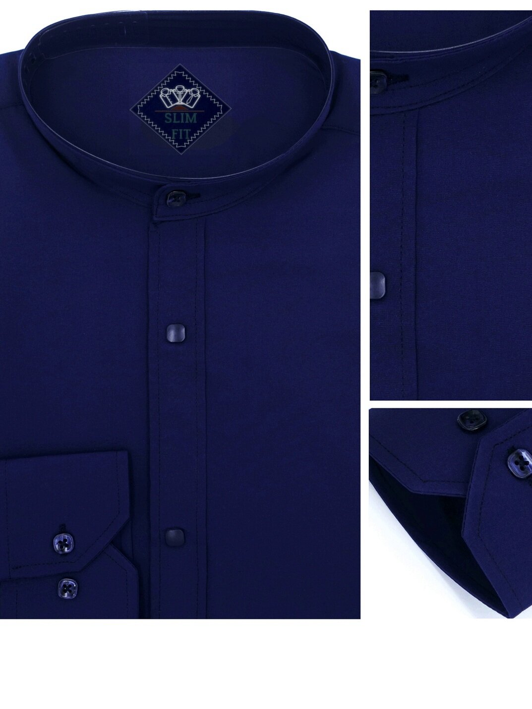 Рубашка Мужская рубашка с длинным рукавом приталенная стойка, темная сорочка на кнопках, рубаха на любой сезон, синяя однотонная, без карманов, на любой сезон и на лето рубашка