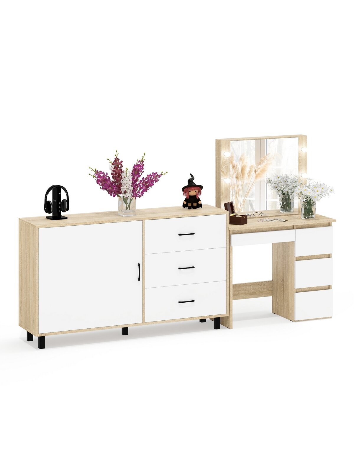 Столик косметический с подсветкой Сура и тумба-комод 122-1504, дуб сонома/белый, 240,4х40х136 см