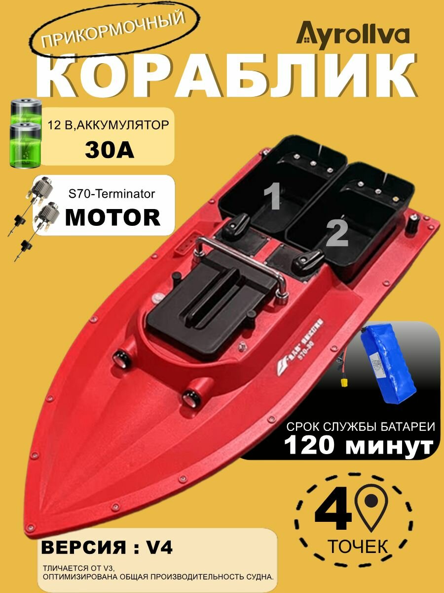 Кораблик прикормочный для рыбалки с gps, S70-terminator, двумя бункерами,30000 мач+30000 мач, количество точек в памяти 40 , гарантия 1год