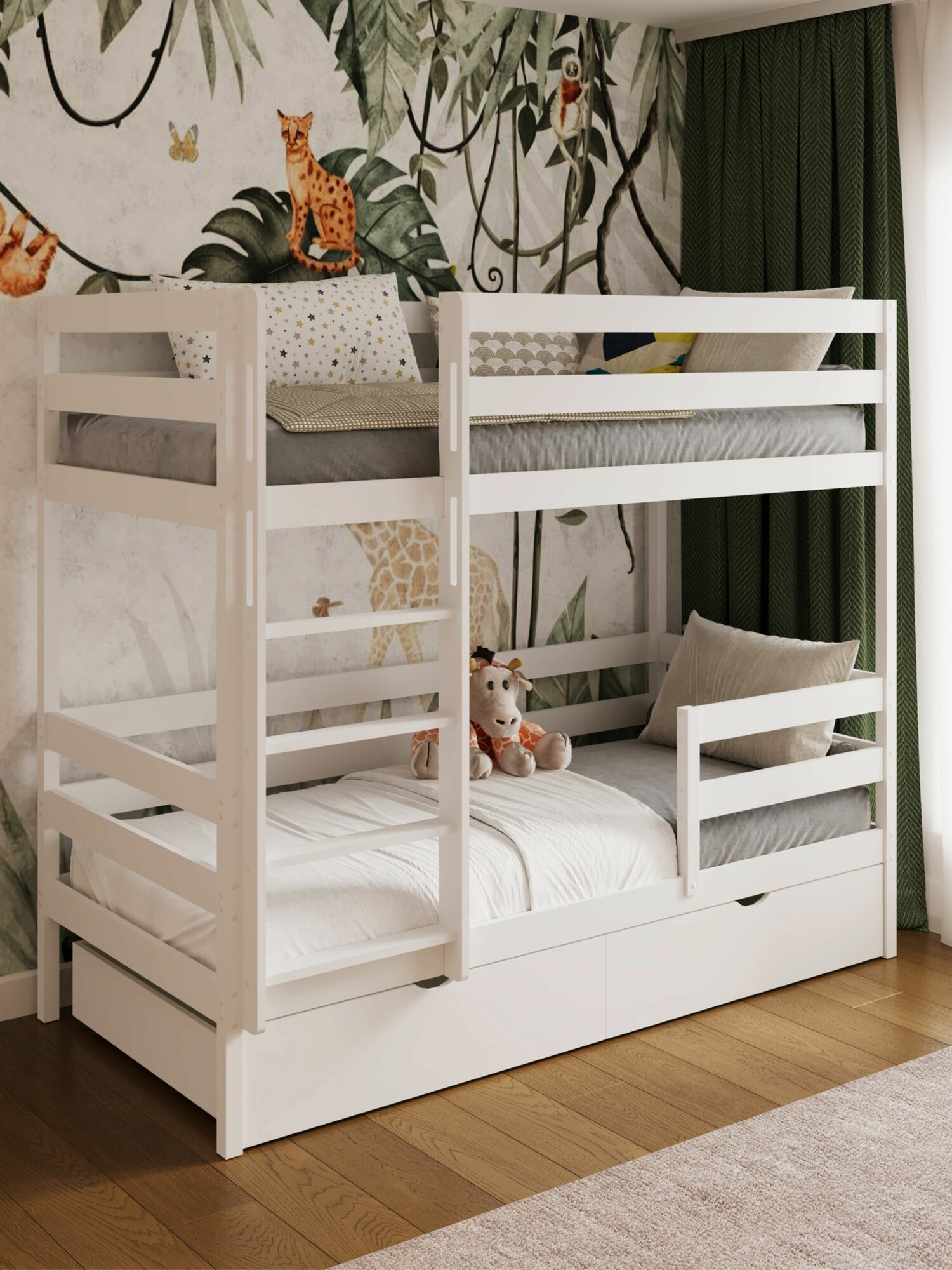 Кровать двухъярусная Sleeping Home, с ящиками, белая, 180x90 см