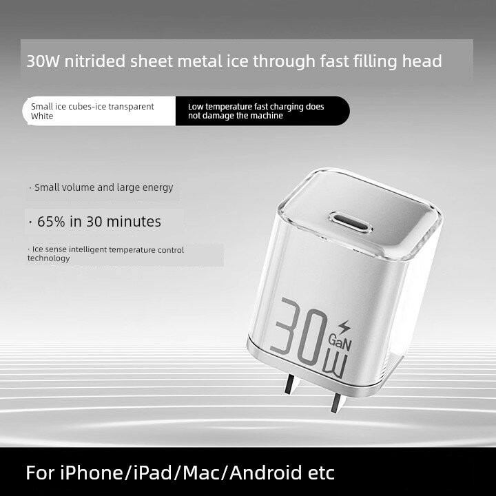 Зарядное устройство на 30 Вт на основе нитрида галлия, совместимое с Apple 15, быстрая зарядка для 16 Pro Max, 14 Plus,