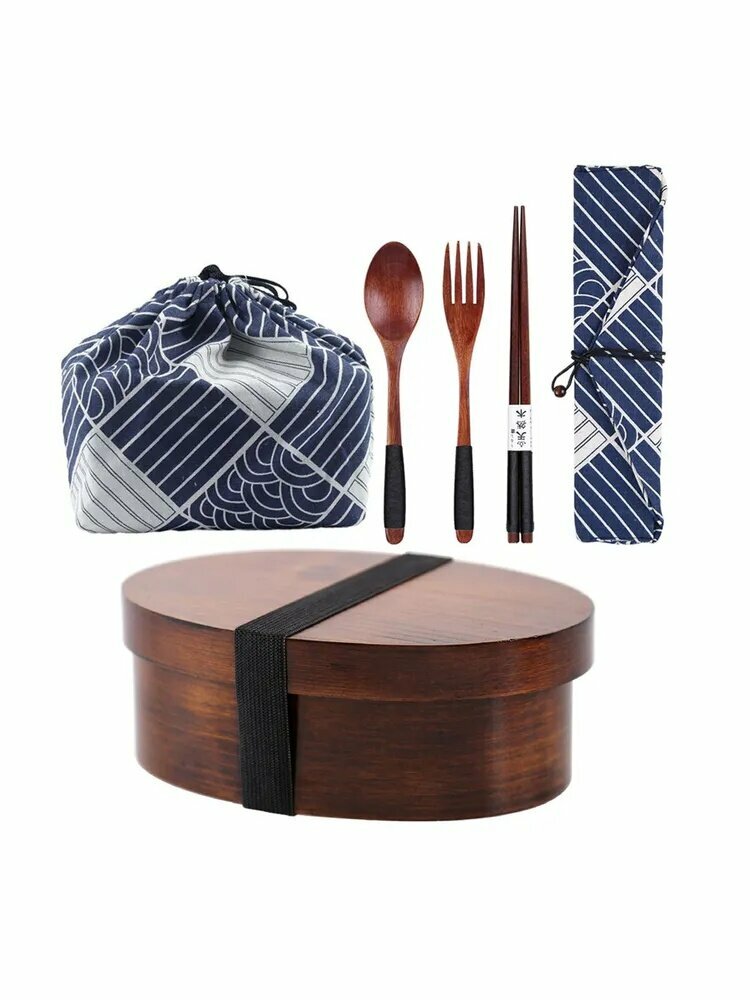 Контейнер пищевой "Деревянная коробка для ланча, Деревянный бокс для бенто, японский стиль, двухслойный ланч-бокс", 1 шт