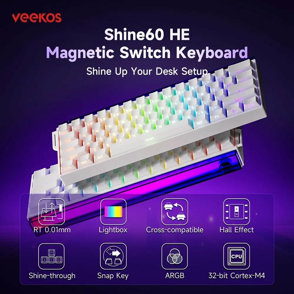 AKKO Игровая клавиатура беспроводная Veekos Shine60 одинарная 8K SP белая подсветка клавиш трехрежимная магнитная клавиатура RGB 61 клавиша US чисто магнитные переключатели, (Akko Flash Magnetic), Английская раскладка, белый, прозрачный