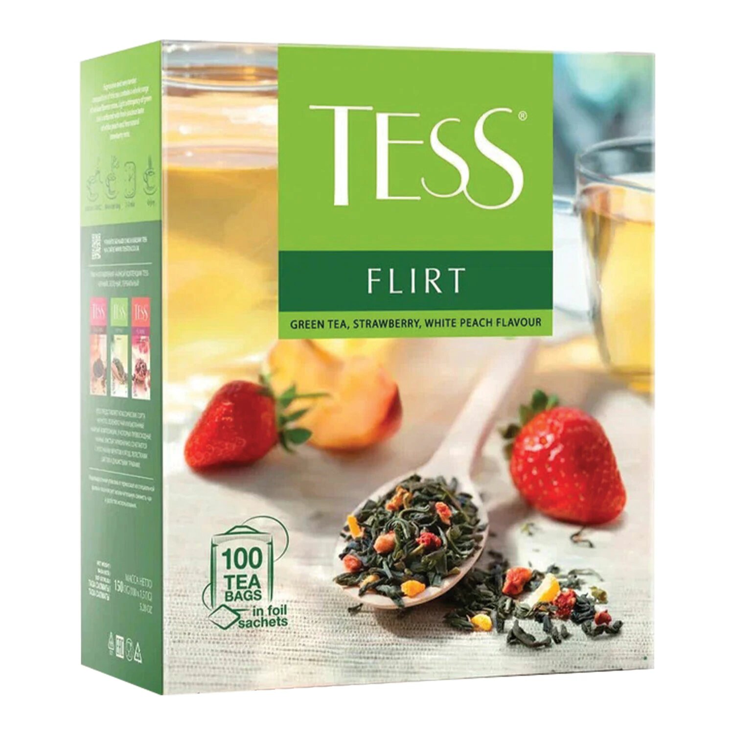 Чай TESS "Flirt" зеленый с клубникой и персиком, 100 пакетиков в конвертах по 1,5 г